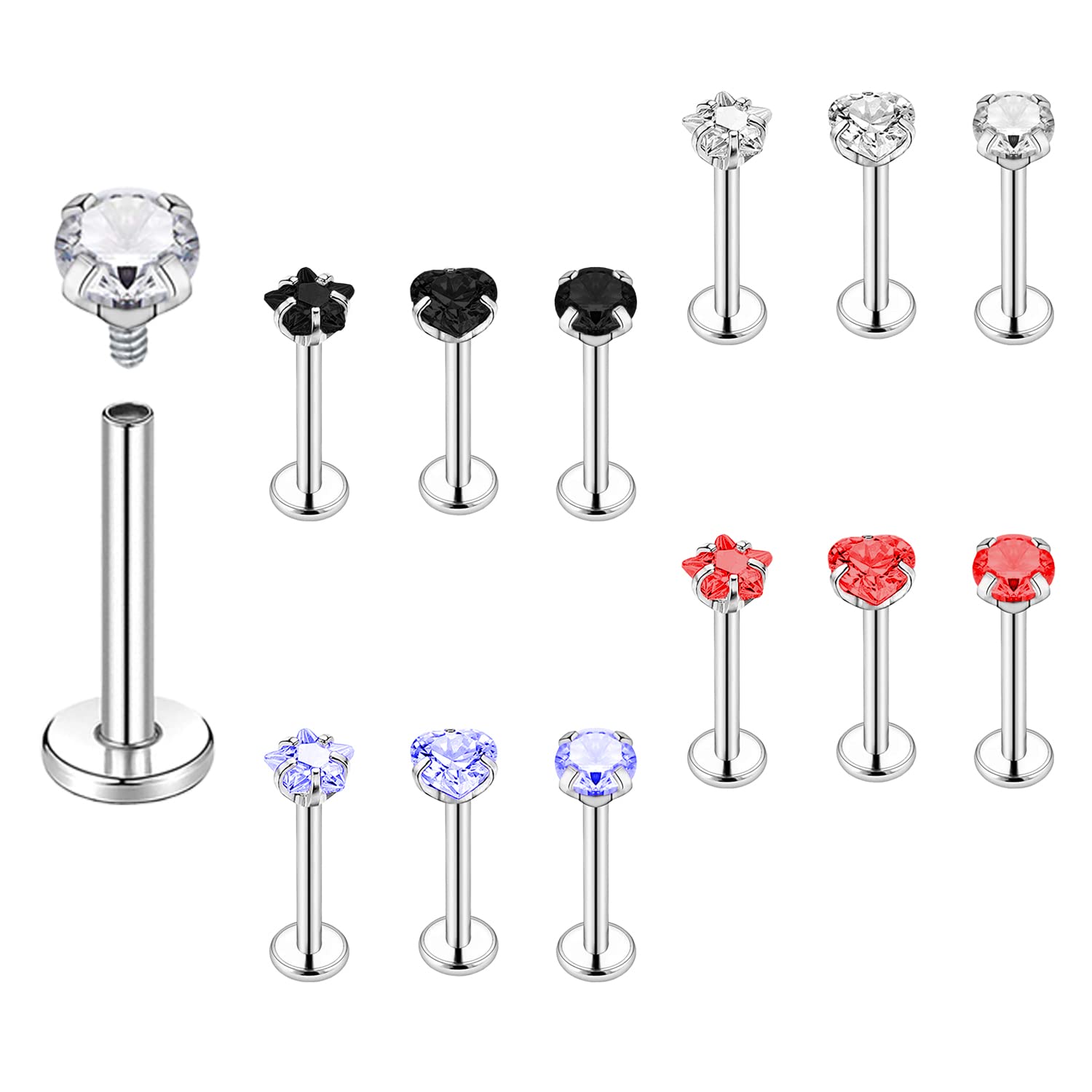 FLOGWE 16G Lip Ring Studs Heart Star CZ Forward Helix Earring Studs Piercing Cartilage Tragus Earring Studs Stainless Steel Medusa Labret Monroe Lip Rings Body-Piercing Studs for Women Men