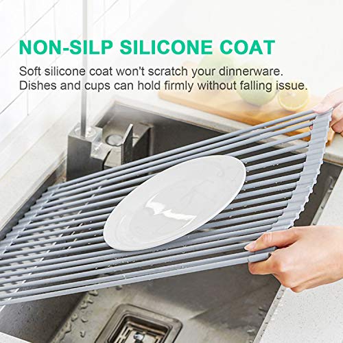TBMax Roll Up Dish Drying Rack, Food-Grade Silicone-Coated Stainless Steel Over The Sink Rack, Heavy Duty Roll Up Sink Drying Rack