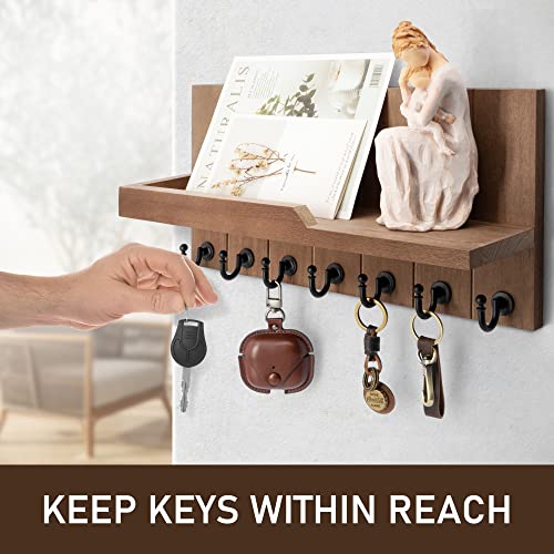 Rebee Vision Key Holder for Wall - Farmhouse Rustic Mail Organizer Floating Shelf for Home Kitchen Entryway Decor with 7 Sturdy Key Hooks (Retro Brown)