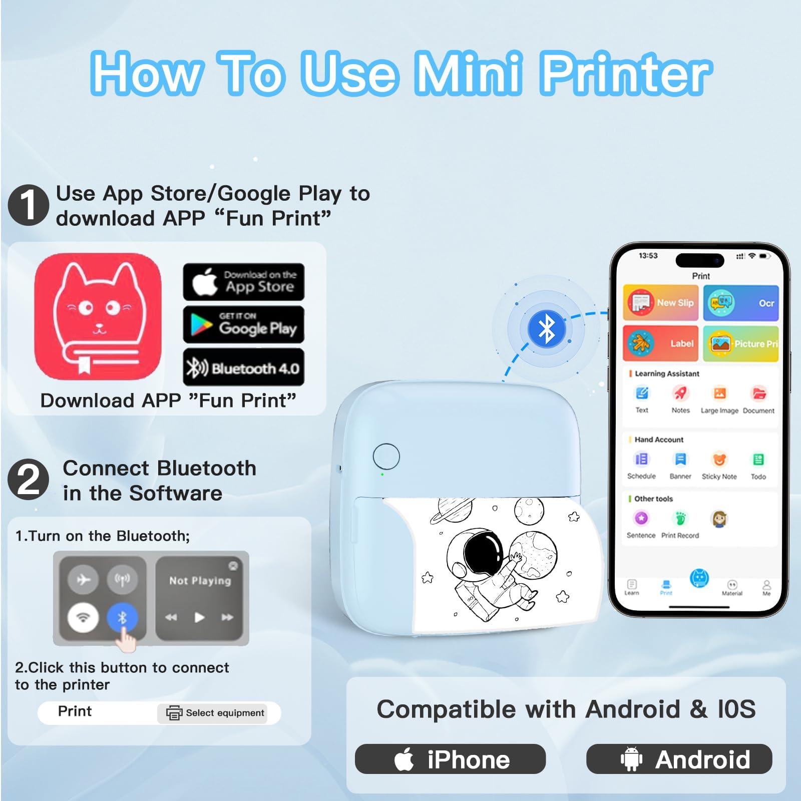 Lebt Mini Printer Sticker Printer Print Pod with 6 Rolls Sticker Paper & 6 Rolls of Self-Adhesive Printing Paper