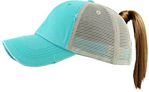 Distressed Trucker Dad Hat Messy Bun Ponytail Ponycap - Mesh Teal
