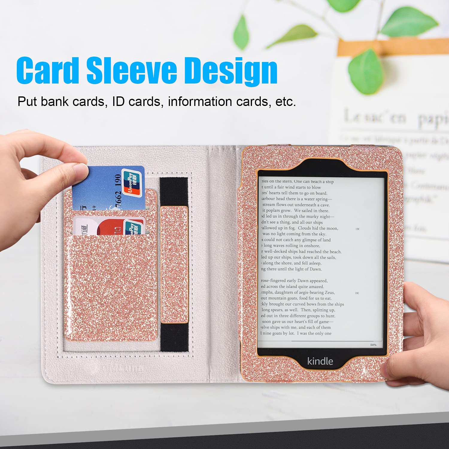 DMLuna Case for Kindle Paperwhite Cover, Fits All-New 10th Generation 2018 / All Paperwhite Generations, Smart Protective PU Leather Case, with Auto Sleep Wake, Hand Strap, Card Slots - Glitter Rose