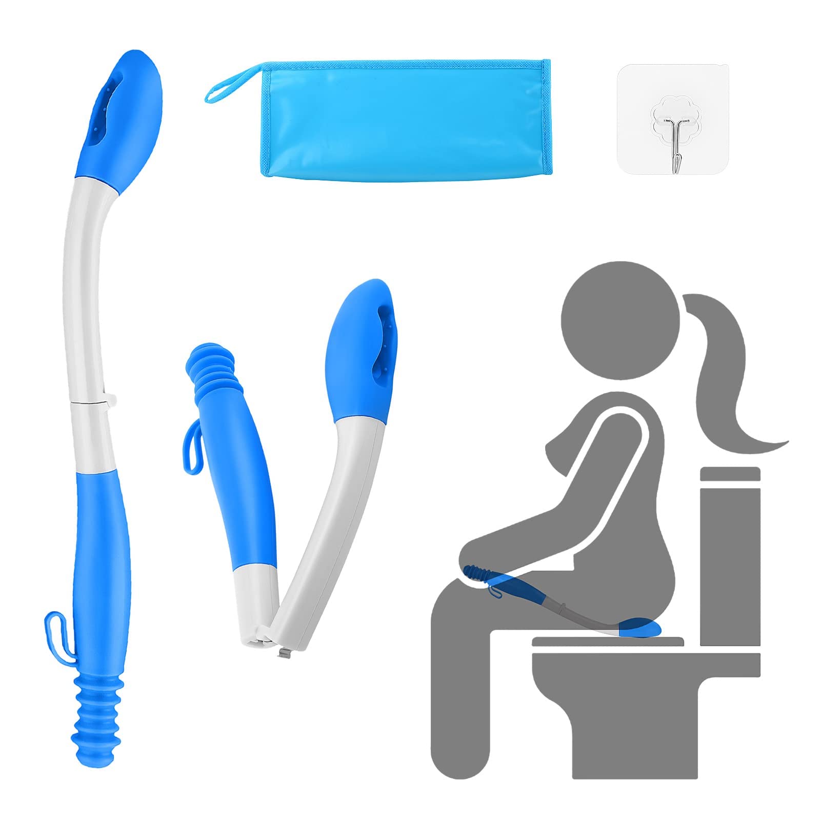 Foldable Butt Wiper, Jhua 15.7" Toilet Aids for Wiping, Comfort Silicone Bottom Buddy Wiping Aid with Hanging Ring, Hook, Carrying Bag, Toilet Aid Tools Bathroom Personal Care, Blue