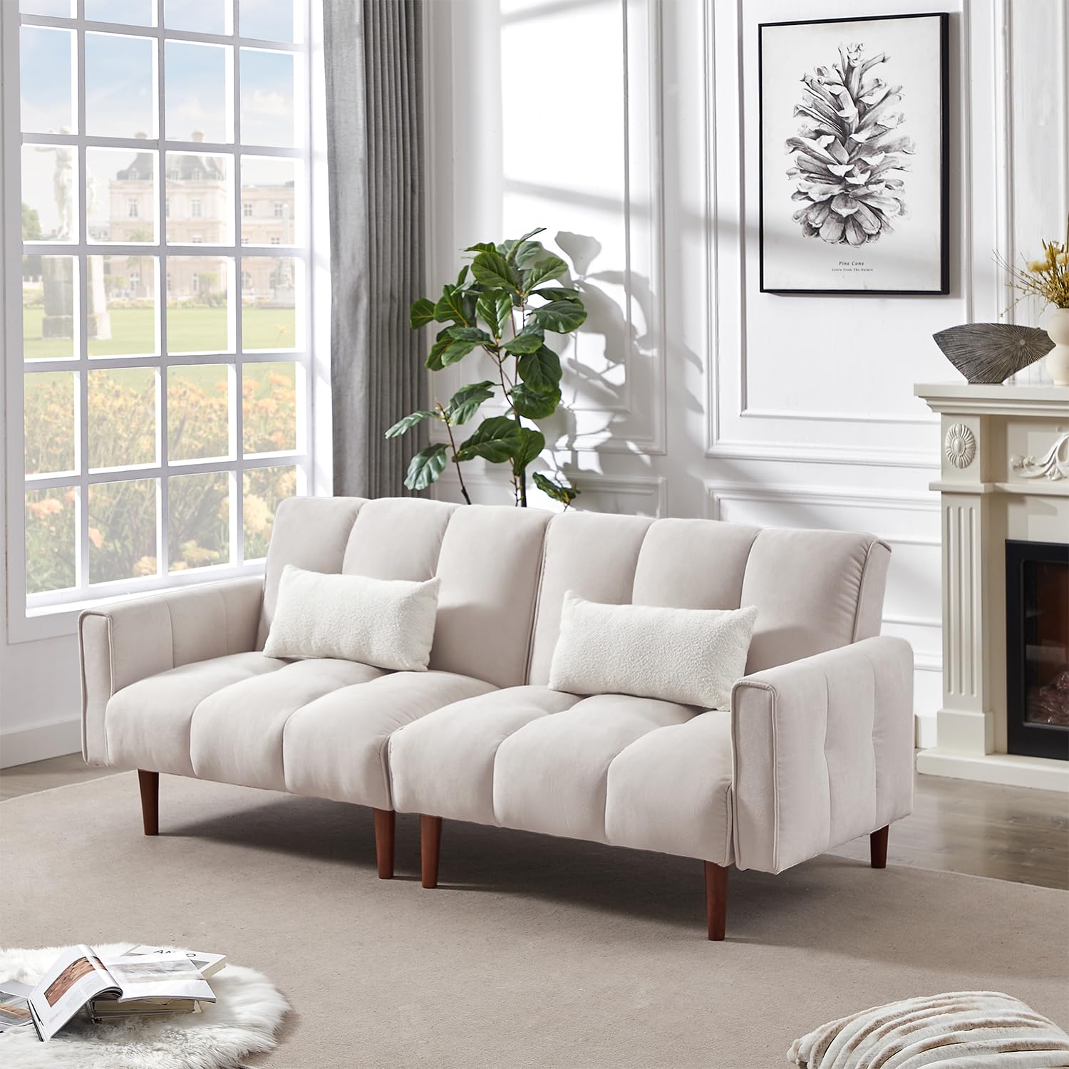 Modern Corduroy Futon Sofa Bed, Convertible Folding Sleeper Sofa, Adjustable Backrest Memory Foam Couch Double Loveseat,Split Leisure Chair & Double Lounge Chair,Accent Chair (Light Ivory)