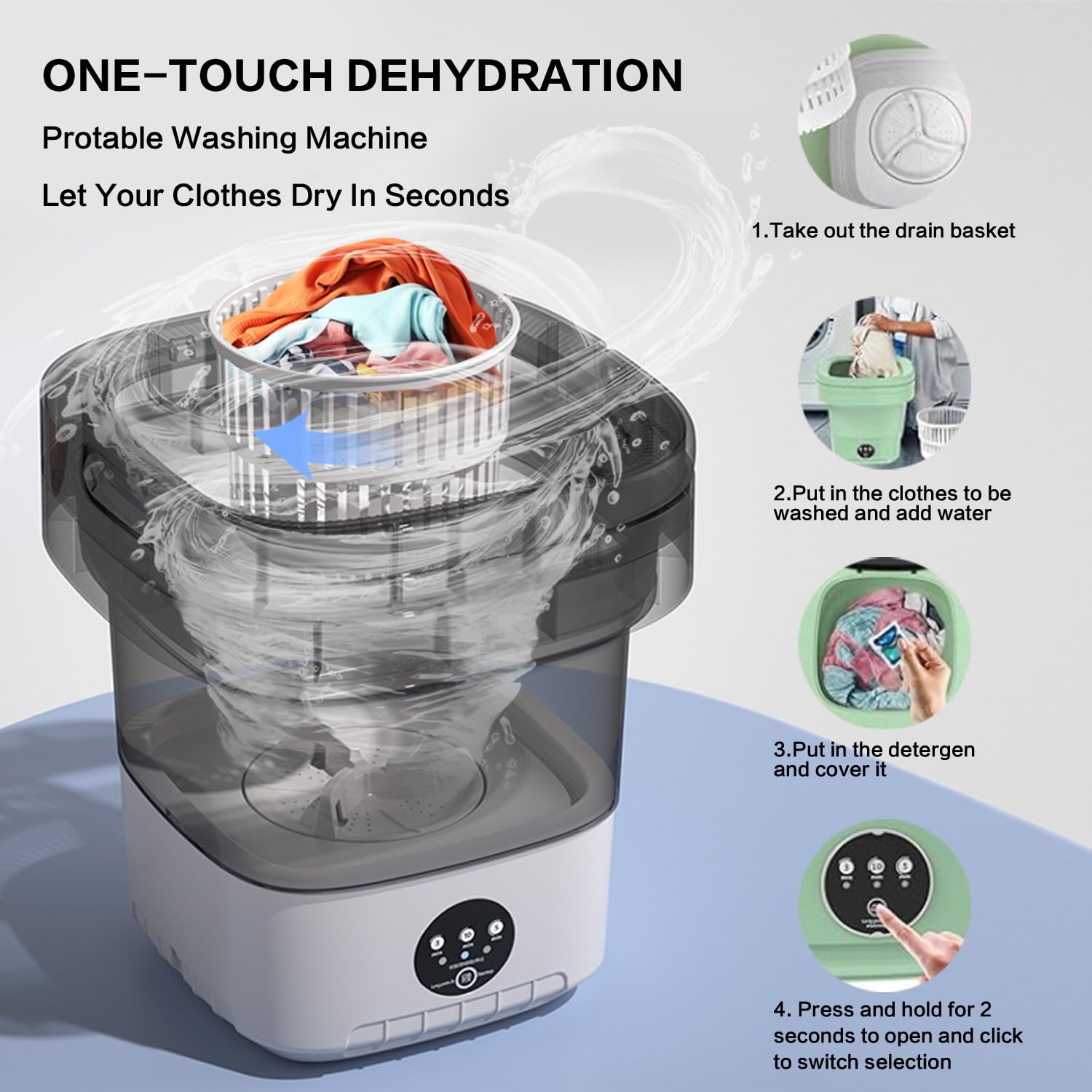 Lecroooi 12L Portable Washing Machine, Upgraded Version with Spin Basket, with 3 Modes Deep Cleaning Small Washing Machine for Baby Clothes, Underwear or Small Items, Dorm, RV Travel Laundry (Green)