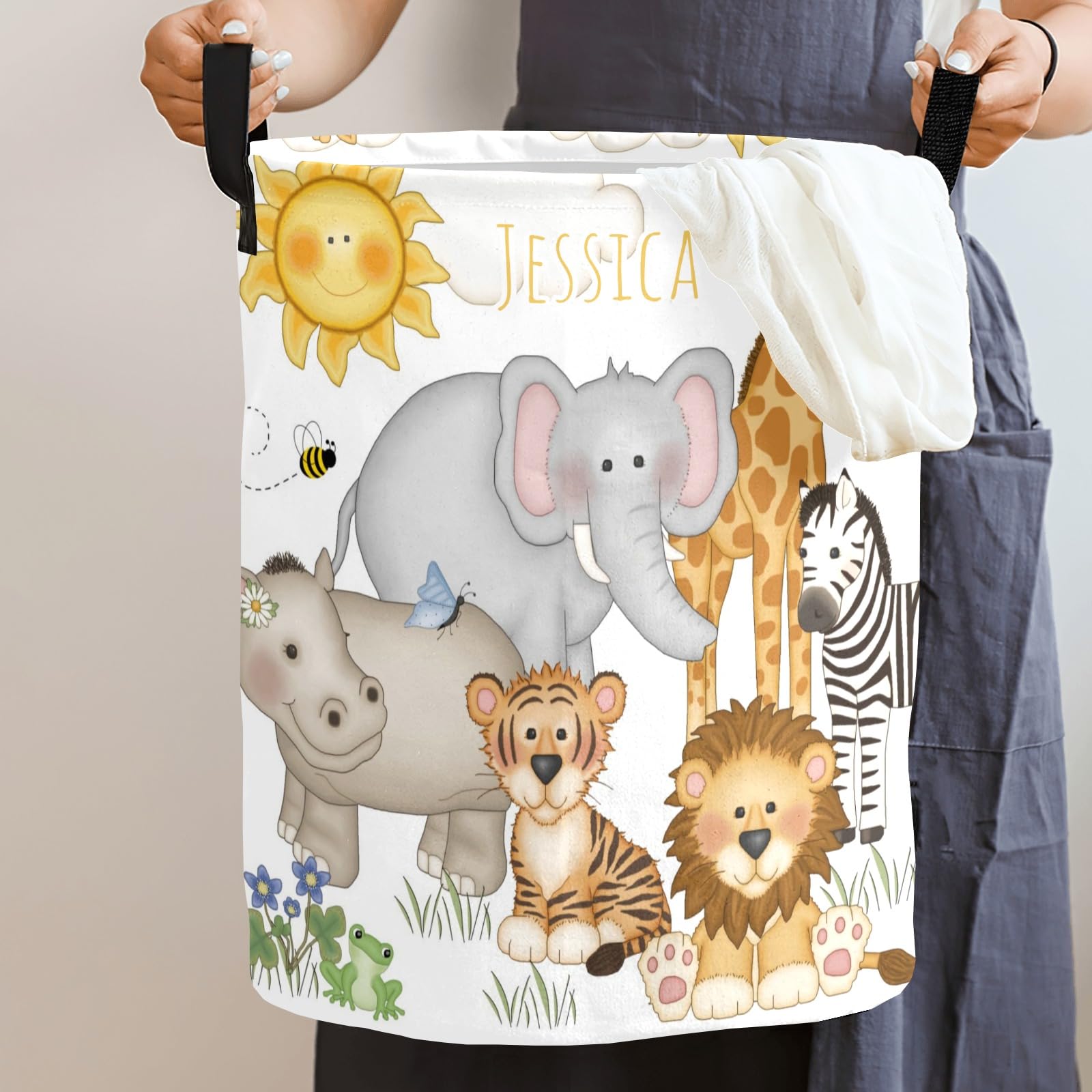 Cute Animals Elephant Tiger Lion Zebra Giraffe Hippopotamus Personalized Foldable Freestanding Laundry Basket Clothes, Custom Collapsible Storage Bin for Toys Bathroom Laundry