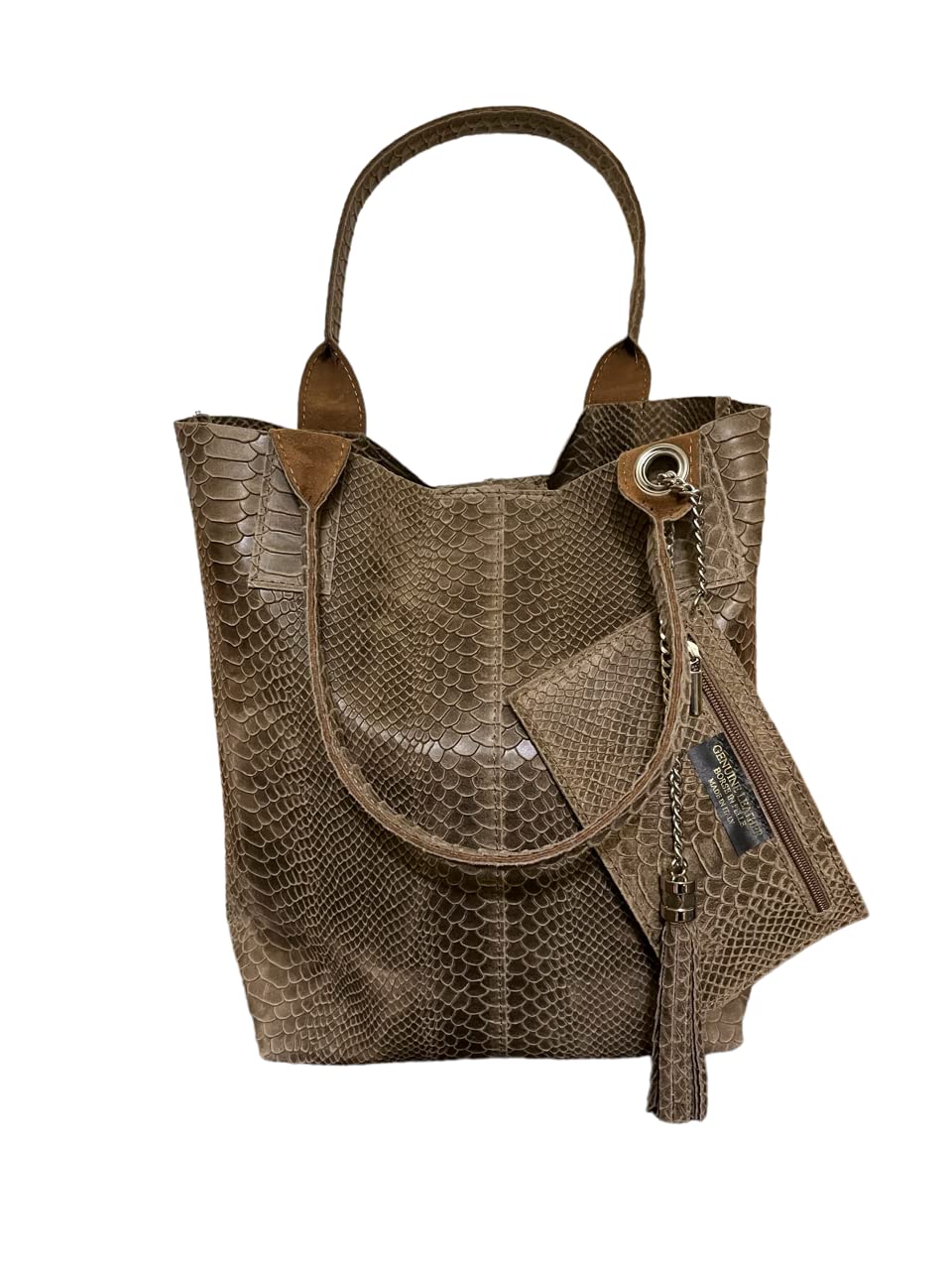 Generico Python Print Bucket Bag in Genuine Leather Made In Italy, Taupe Dove