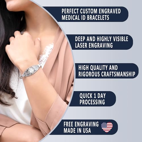 Divoti Custom Engraved Filigree Medical Alert ID Bracelets for Women, w/Heart Link β White-8.0"