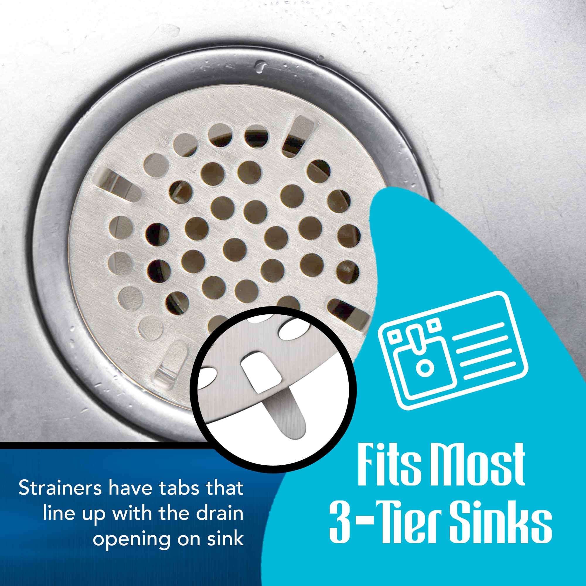 STEADYKLEEN - 3-inch Commercial Sink Strainer, Flat Kitchen Sink Strainer with Tabs, Install on 3-inch Sink Drain, Durable Sink Strainer Basket Alternative for Twist Waste Drain on 3 Compartment Sink