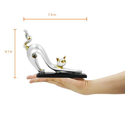 DreamsEden Art Stretching Cat Figurine, Modern Home Decor for Cat Lovers, 7.5” L x 6.4” W x 1.7” H (Sliver)