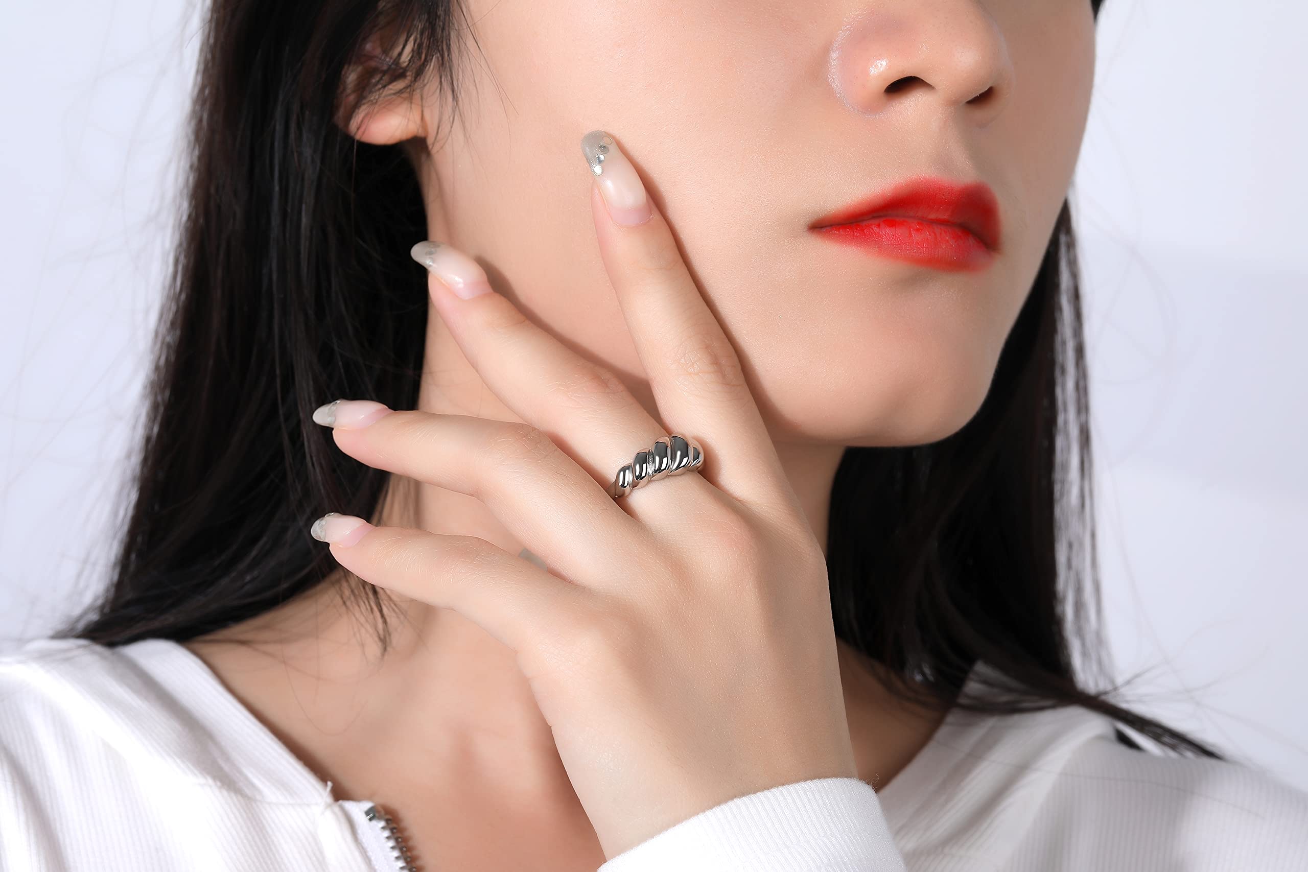 Dapai Show 925 sterling silver platinum-plated ring Croissant ring Women's stamp bold ring Adjustable twisted personality ring