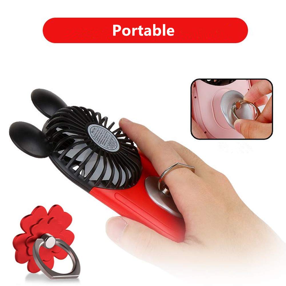 DECVO Cute Personal Mini Fan, Handheld & Portable USB Rechargeable Fan with Beautiful LED Light, 3 Adjustable Speeds, Portable Holder, for Indoor Or Outdoor Activities, Cute Mouse 2 Pack (Red+Pink)
