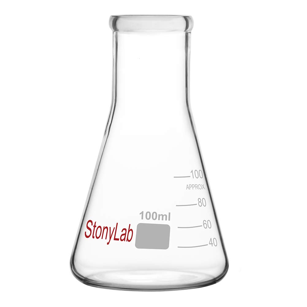 stonylab 1-Pack Glass 100 ml Heavy Wall Narrow Mouth Erlenmeyer Flasks with Heavy Duty Rim - (100ml Fits with StonyLab 5# Rubber Stopper)