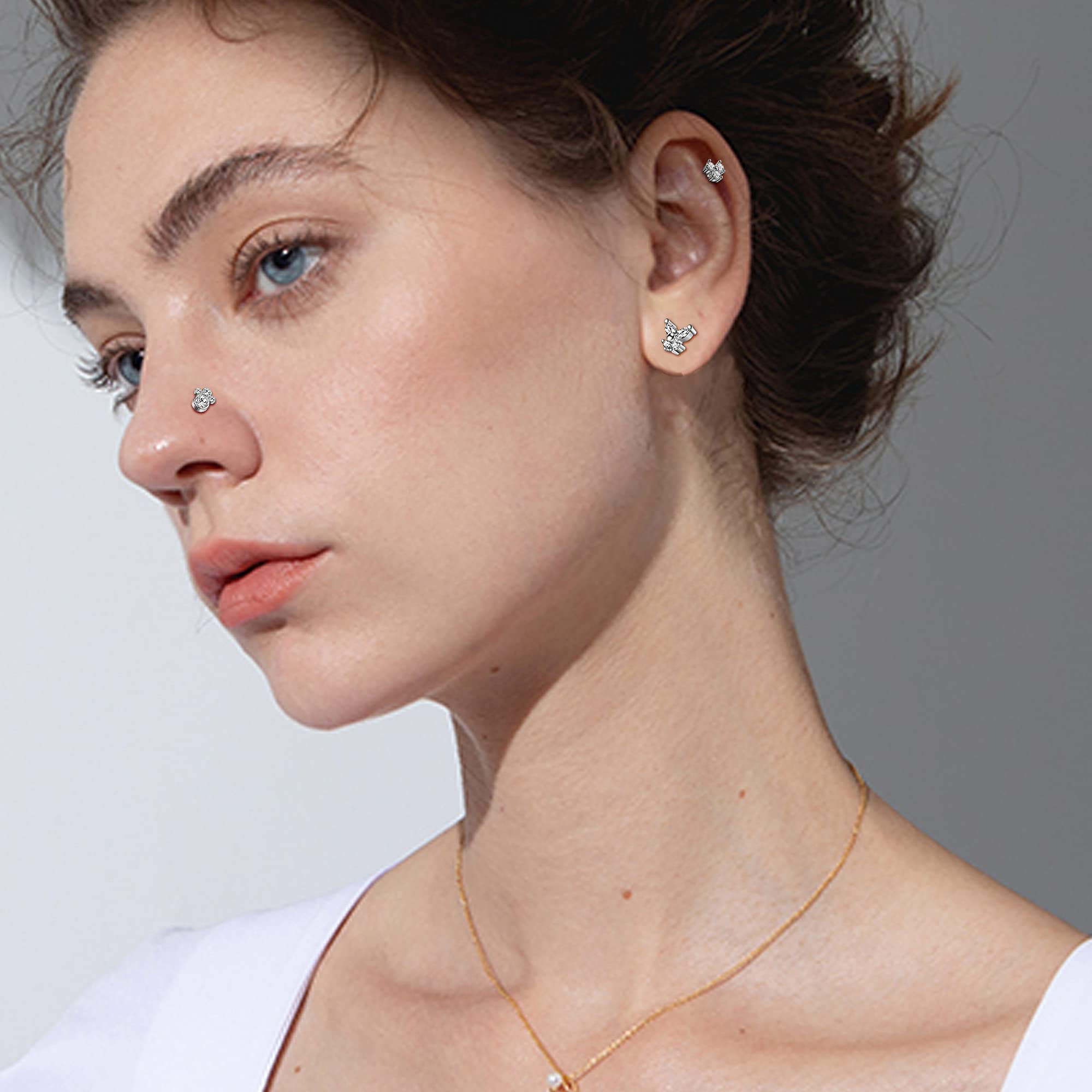 Florideco 9 Pcs 16G Lip Rings Stainless Steel Labret Studs Monroe Lip Ring CZ Opal Nose Studs Internally Threaded Helix Tragus Stud Earring for Women Medusa Piercing Jewelry Rose Gold