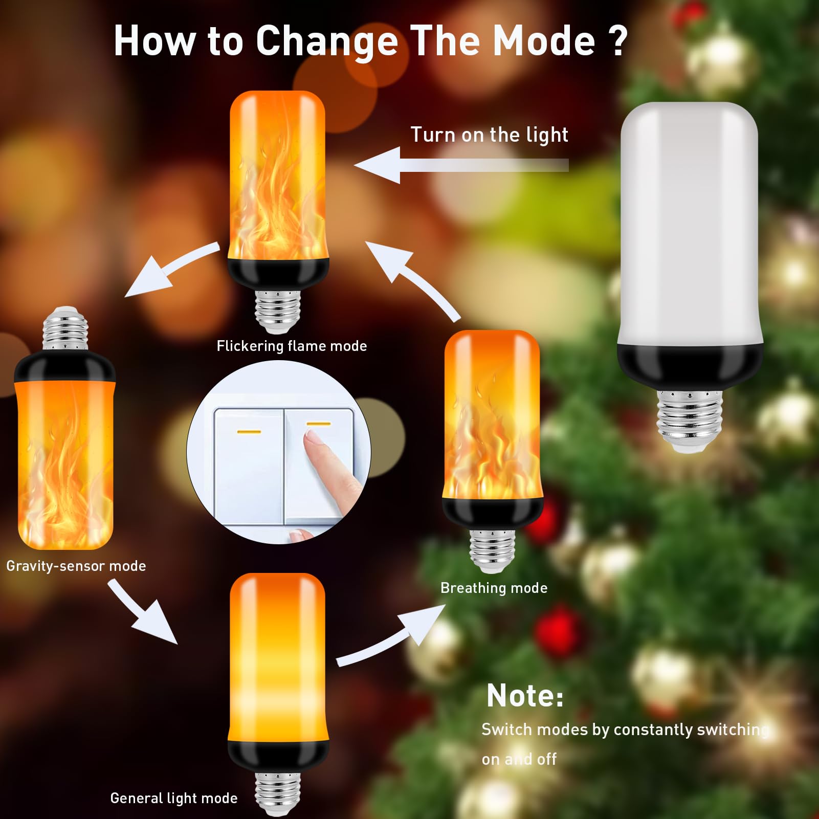 LED Flame Light Bulbs 4 Modes Flickering Light Bulbs with Gravity Sensor, E26 Base Fire Light Bulb for Halloween, Christmas Decorations, Party, Outdoor, Indoor, Home Decor (2 Pack - Black case)
