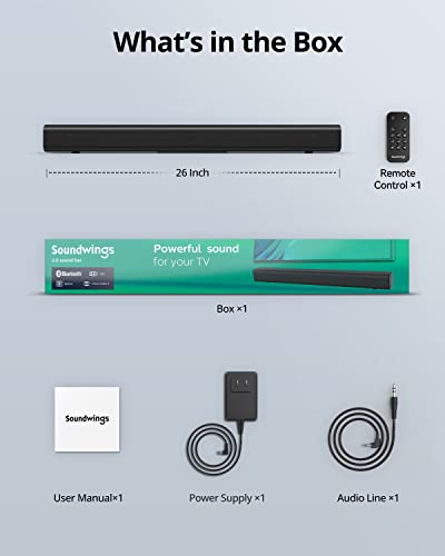 Sound Bar, SOUNDWINGS 26-Inch Soundbar for TV, 3D Surround Sound Audio System, Bluetooth 5.1/USB Connectivity, Button/Remote Control, for 4K & HD TV, 3 Equalizer Mode for Home Theater/Gaming/Projector