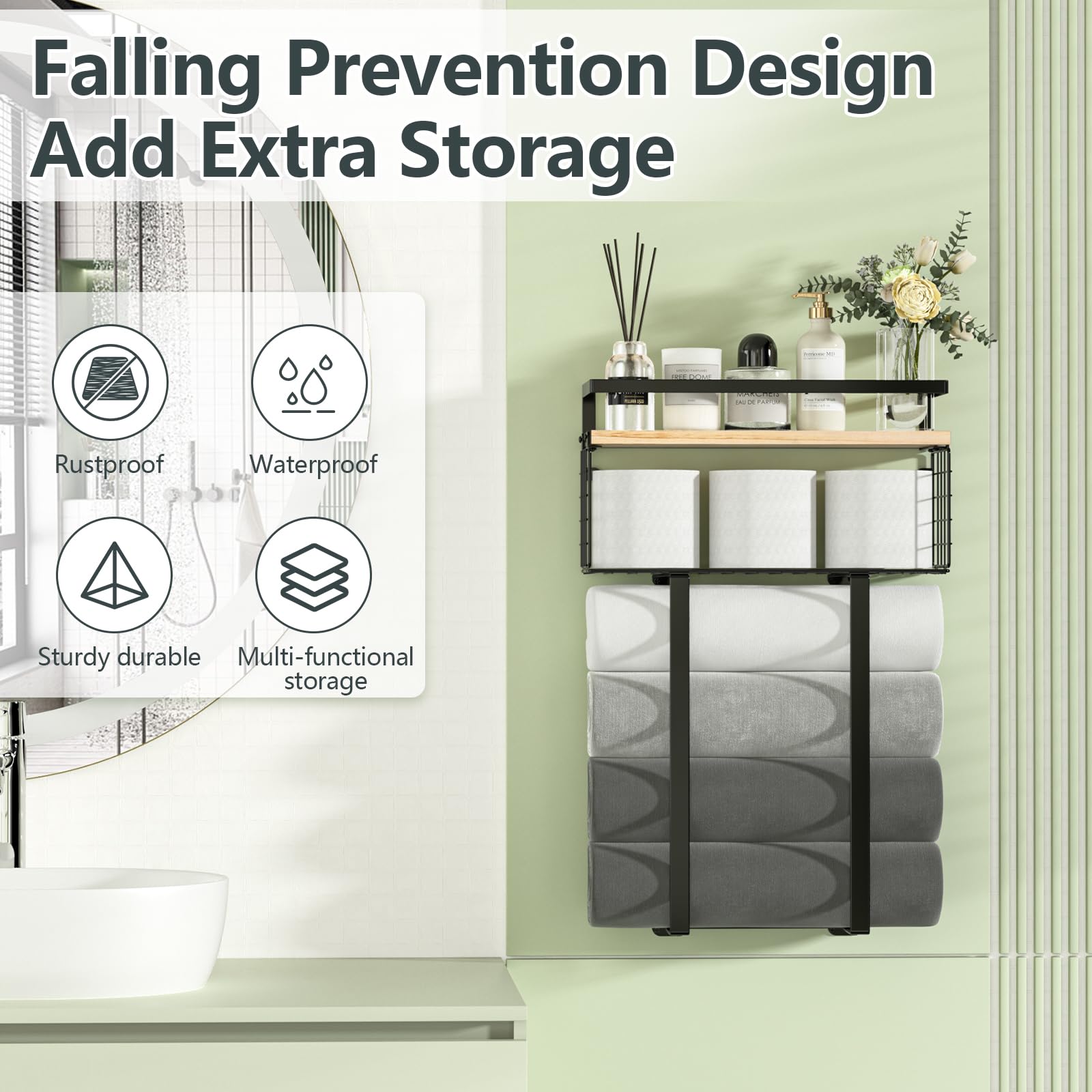 Towel Racks for Bathroom, Metal Towel Holder with Storage Basket,Wall Towel Rack for Rolled Towels, Towel Storage for Small Bathroom,Bathroom Shelves.