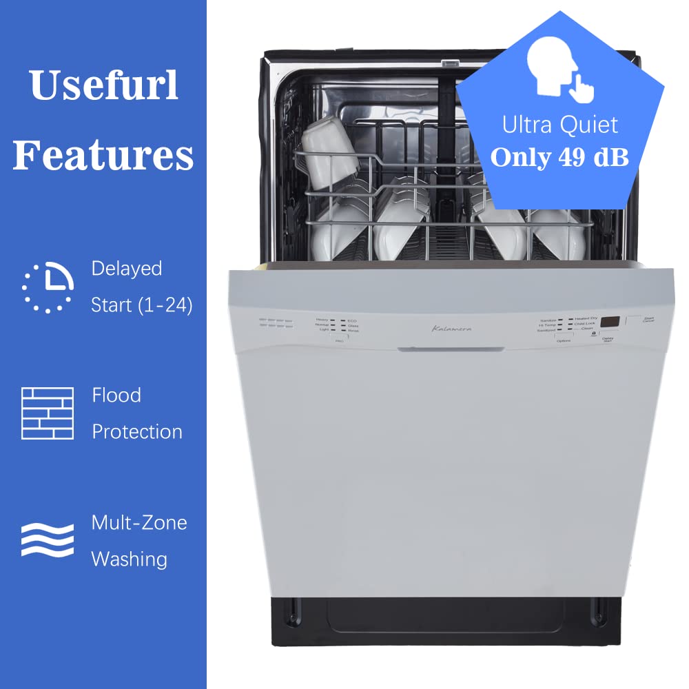 Dishwasher, Kalamera 24 inch Built in Dishwasher with 12/14 Place Settings, 6 Wash Cycles and 4 Temperature + Sanitized Option, Energy Save with Low Water Consumption and Quiet Operation - White