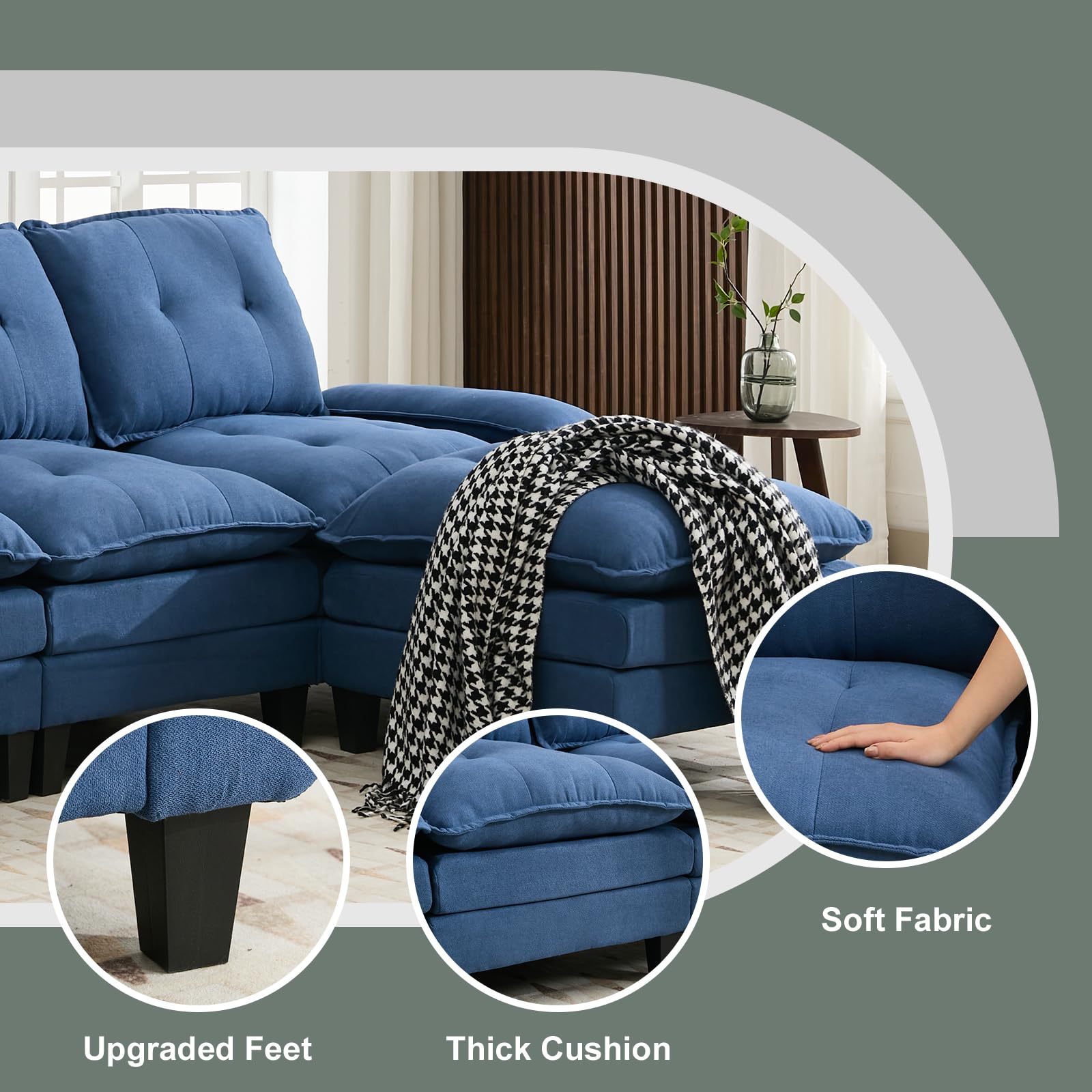 Modern Sectional Cloud Couch Deep 3-Seat, L Shape Sofa Couch with Moveable Ottoman, Adjustable Wide Arm, Comfy Upholstered Sleeper Sofa for Living Room and Small Apartments, Office