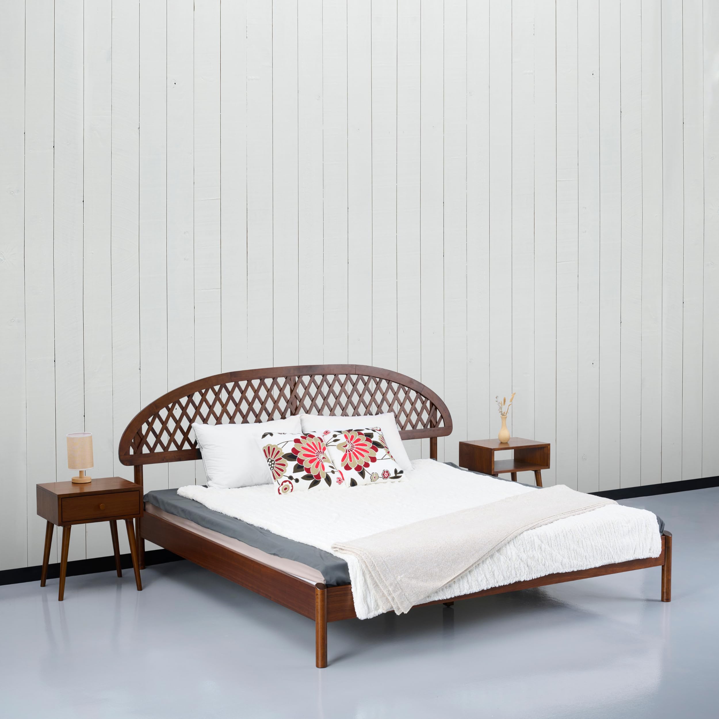 NTC Gem Wooden Bed Frame with Headboard and Natural Rattan, Solid Oak Foundation with Silent Slats, 1000 Lb Capacity, Effortless Assembly, King - Burnt Black