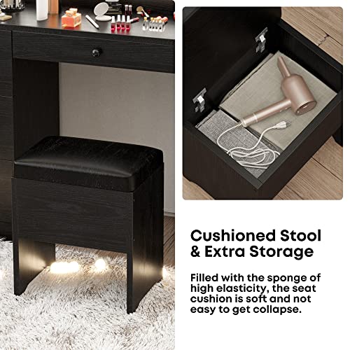 IRONCK Vanity Desk Set with LED Lighted Mirror & Power Outlet, 7 Drawers Makeup Vanities Dressing Table with Stool, for Bedroom, Black