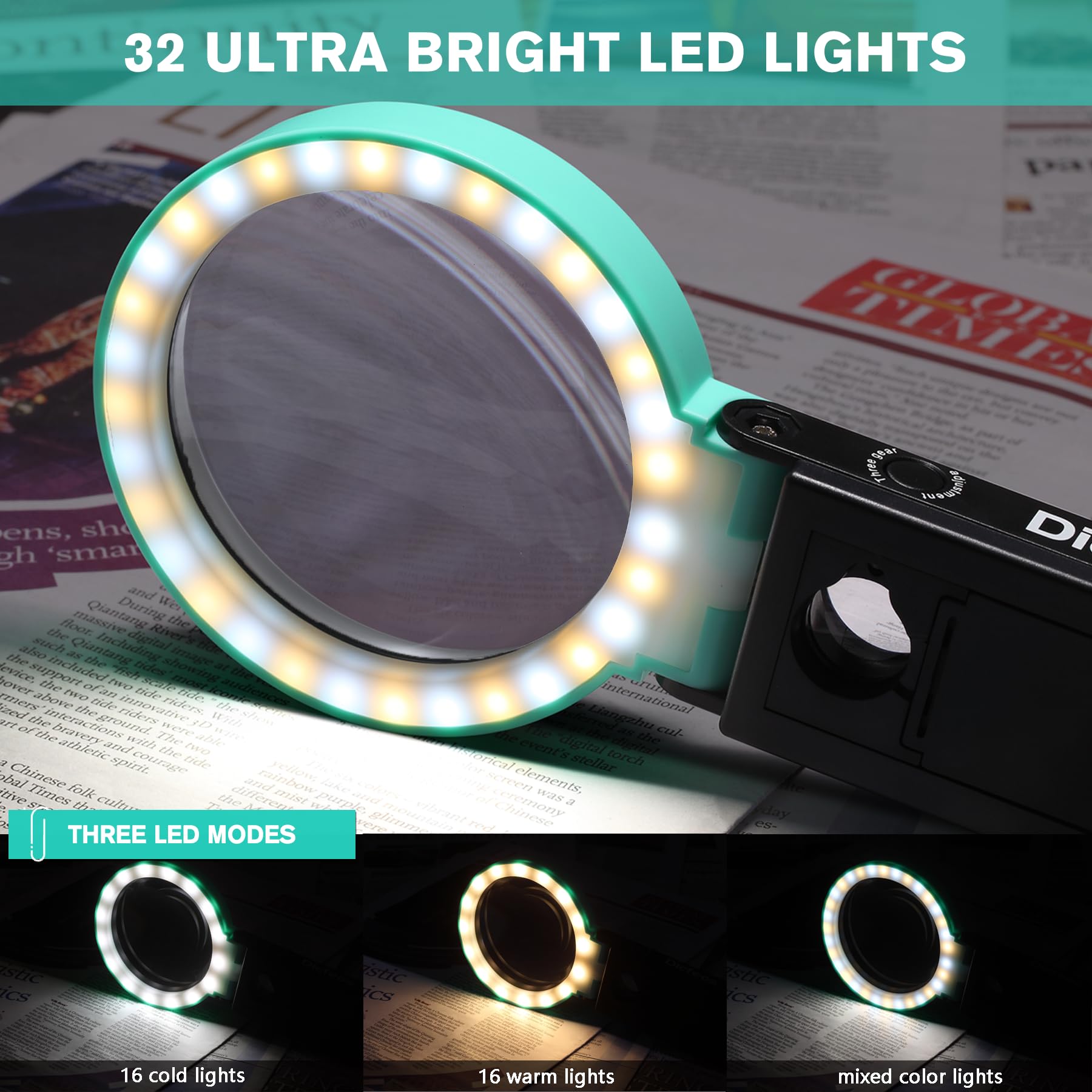 Dicfeos 30X 40X Magnifying Glass with Light and Stand, Non-Rechargeable, Folding Design 32 LED Illuminated Magnifying Glass for Close Work, Powered by Battery or USB(Green)