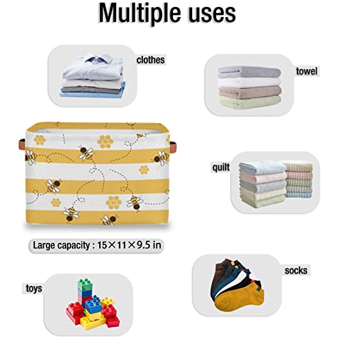 Storage Baskets with Handles, Bee Honeycomb Yellow White Stripe Storage Cube Rectangular Fabric Collapsible Toy Storage Bin Organizer for Closet Shelf Laundry Nursery Kids Bedroom, 15x11x9.5 In,1 Pack