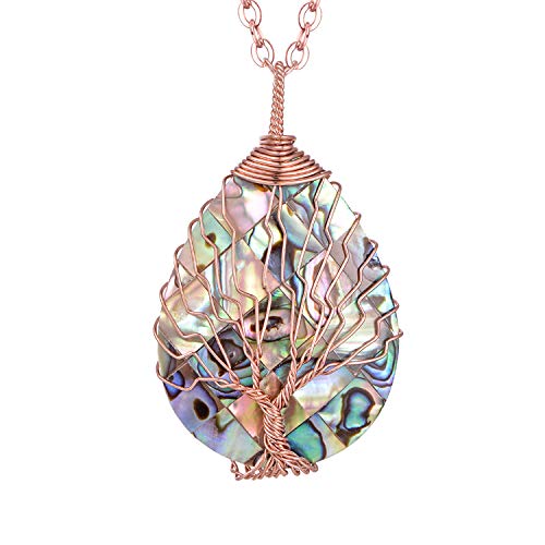Tear Drop Abalone Tree of Life Necklace - Wire Wrap Abalone Shell Tree of Life Healing Crystal Pendant Necklace Fashion Rose Gold Plated Necklace Jewelry for Women