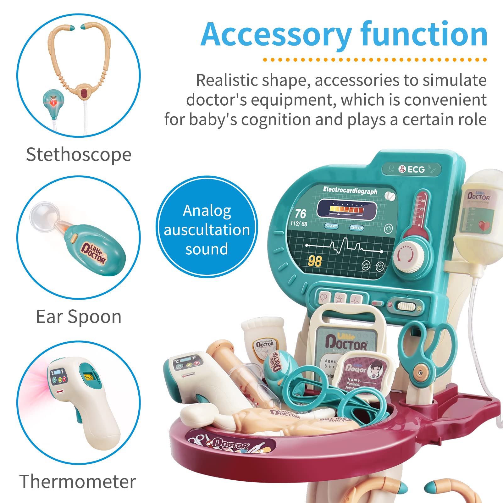 Deejoy Toy Doctor Kit for Kids,Doctor Role Play Costume,Medical Bag,Eye Chart,Thermometer,Stethoscope,Pulse Machine,24 Piece Pretend Medical Station Set for Boys & Girls ,Great Gift for Toddler