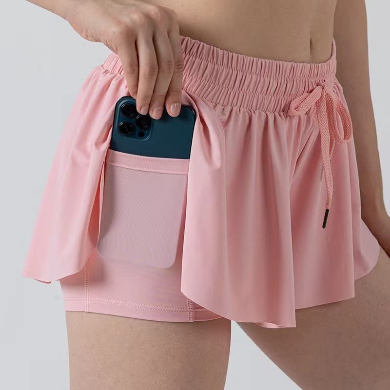 Flowy Butterfly Skirt Women's Athletic Shorts Fashionable and Comfortable 2 in 1 Workout Shorts with Spandex Inner Layer for Support and Coverage for Gym, Yoga, Running and More Pink