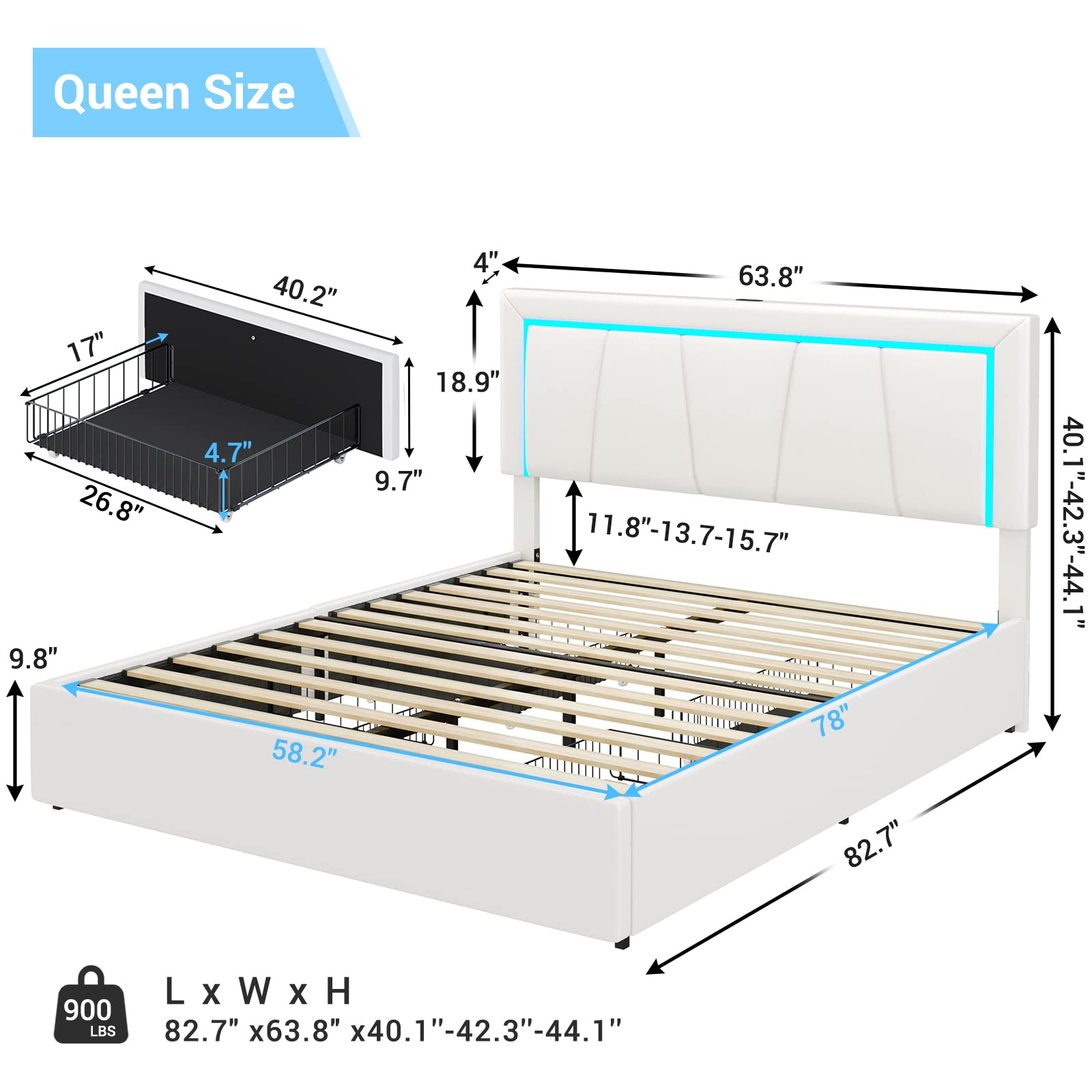 DICTAC Bed Frame Queen Size with 4 Storage Drawers and LED Lights Faux Leather Upholstered Queen LED Platform Bed Frame with USB Ports & Adjustable LED Headboard,No Box Spring Needed,Noise Free,White