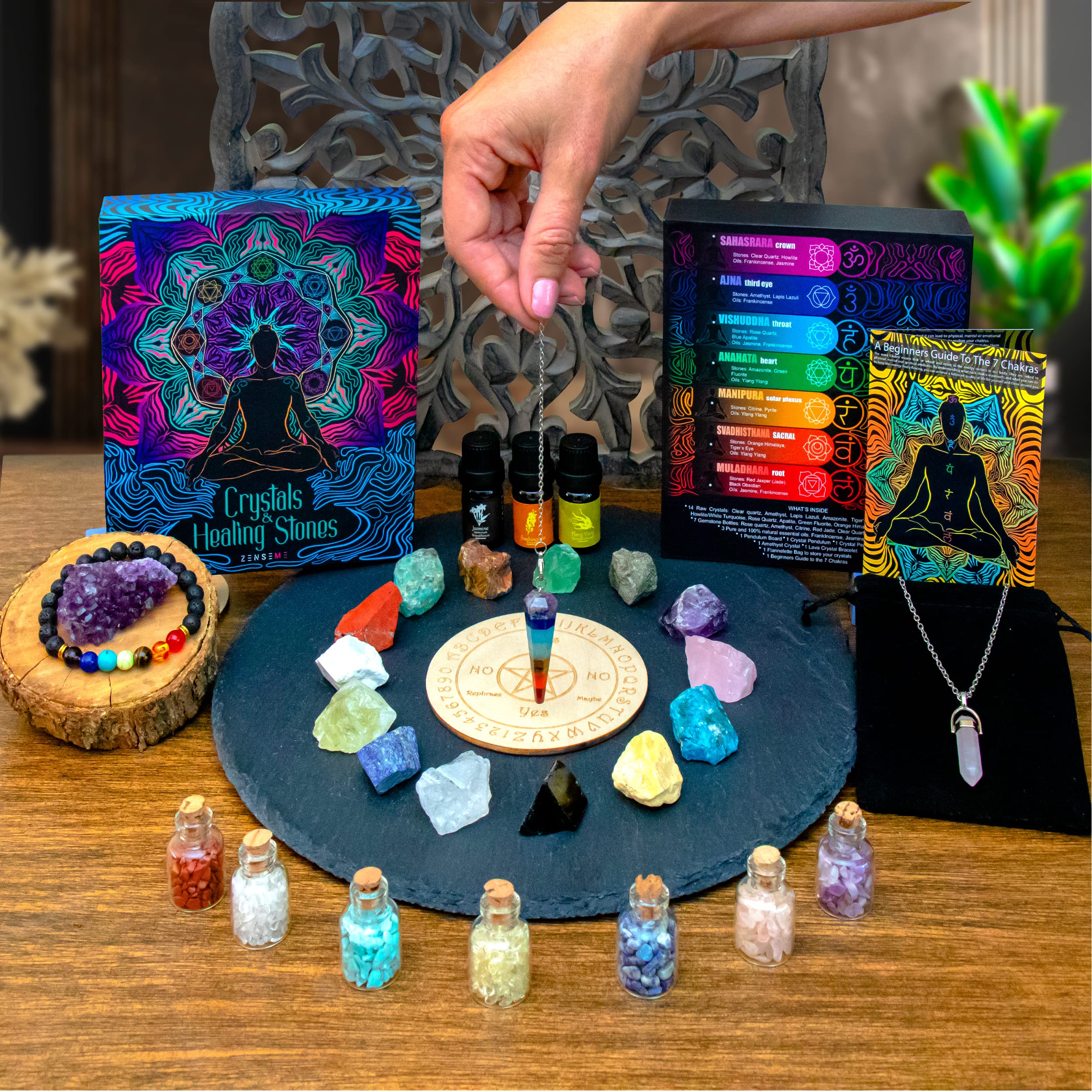 Crystals and Healing Stones Set 31Pcs - Healing Crystals & Stones - 14 Real Raw Chakra Rocks, 7 Gemstones Bottles, 3 Essential Oils,Pendant Necklace, Pendulum Board, Amethyst Cluster, Bracelet & Guide