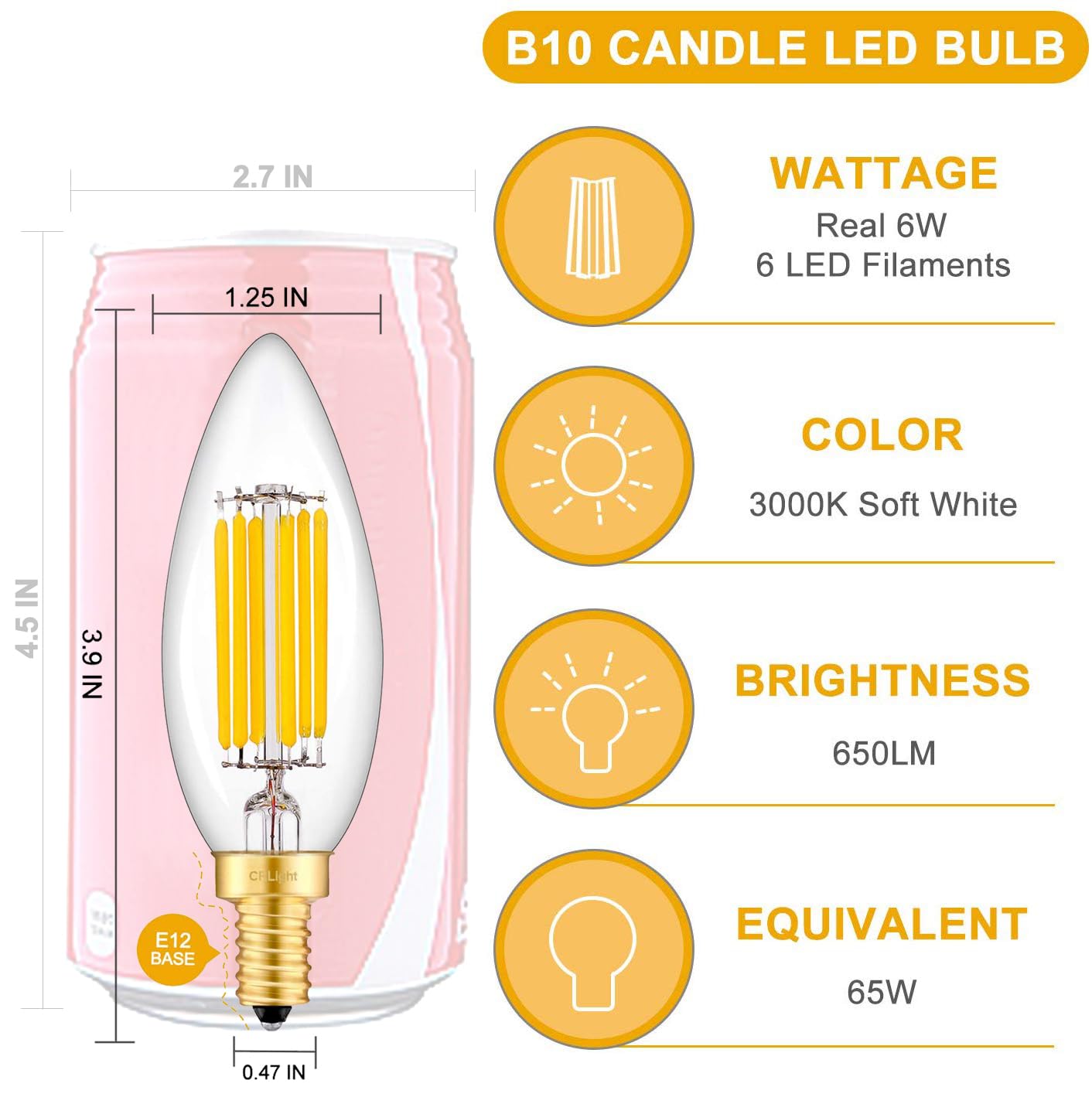 CRLight 6W LED Candelabra Bulb 5000K Daylight White, 70W Equivalent 700 Lumens Dimmable E12 Base LED Candle Bulbs, Vintage Edison B10 Clear Glass Torpedo Shape Chandelier Light Bulbs, 8 Pack
