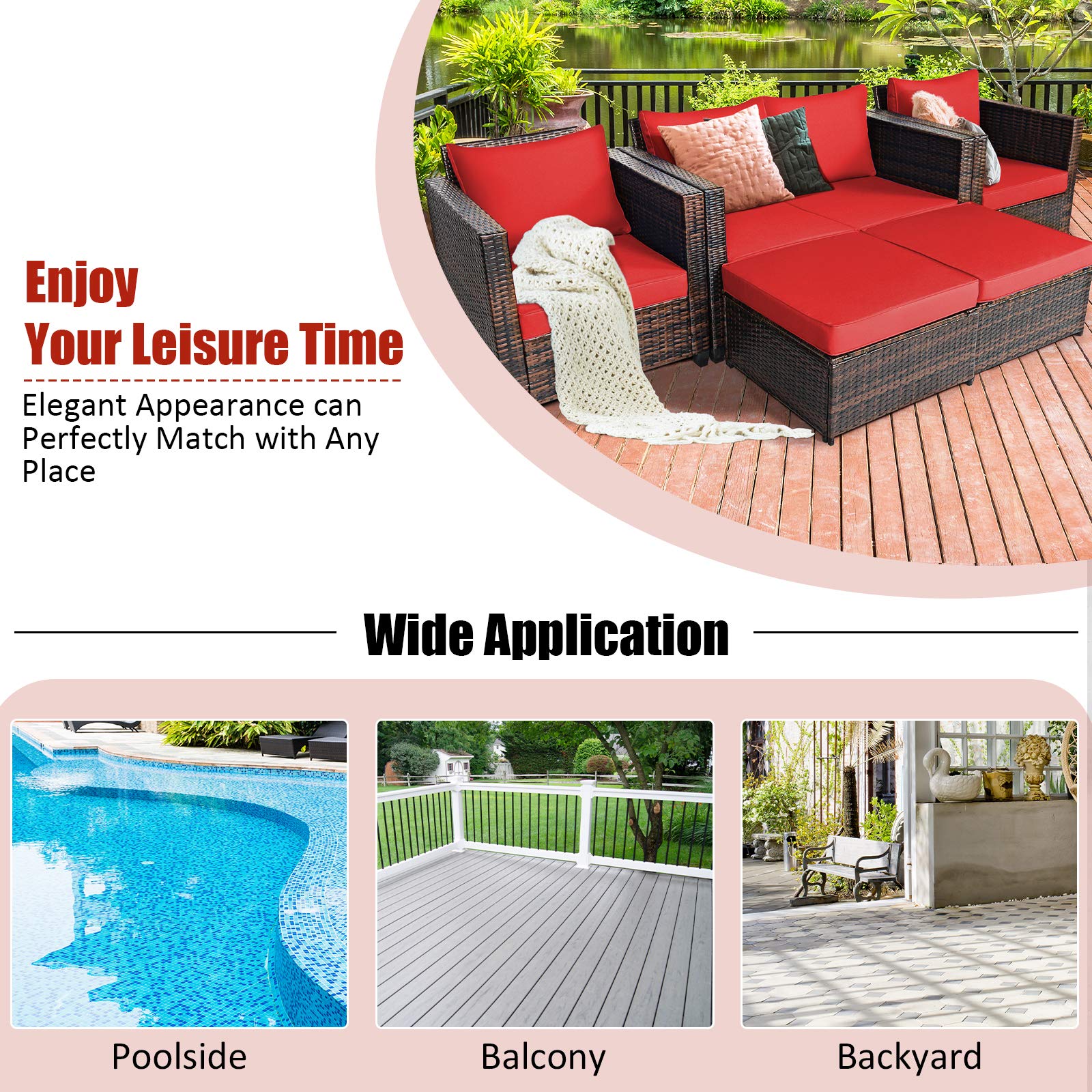 Tangkula 5 Pieces Patio Furniture Set, Outdoor Rattan Sofa Set w/Removable Cushions, Wicker Loveseat w/Single Sofa and Ottoman, Sectional Sofa Conversation Set for Backyard, Garden, Poolside (Red)