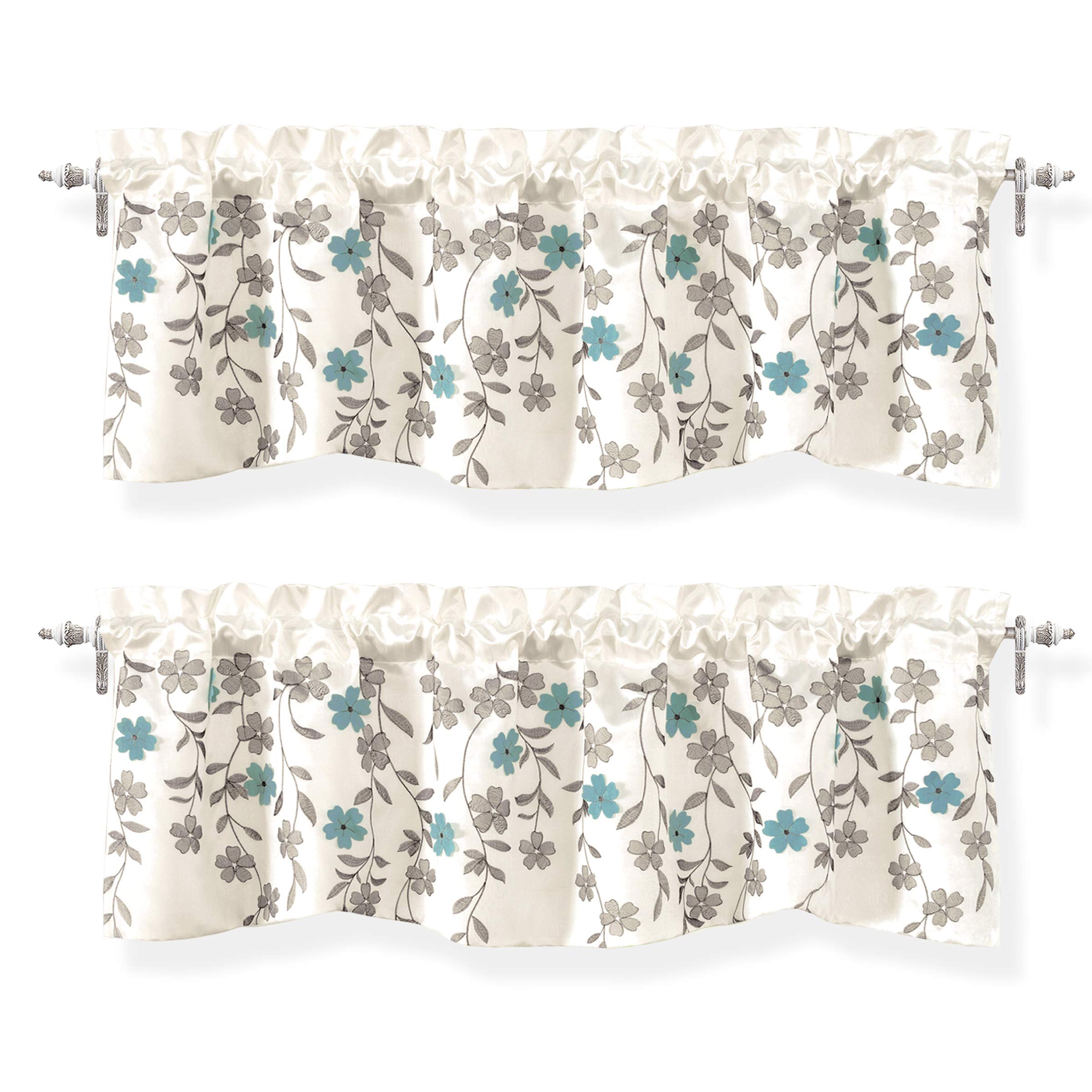 DriftAway Isabella Faux Silk Embroidered Kitchen Swag Valance Embroidered Crafted Flower 2 Pack 60 Inch by 18 Inch Plus 1.5 Inch Header Ivory Blue