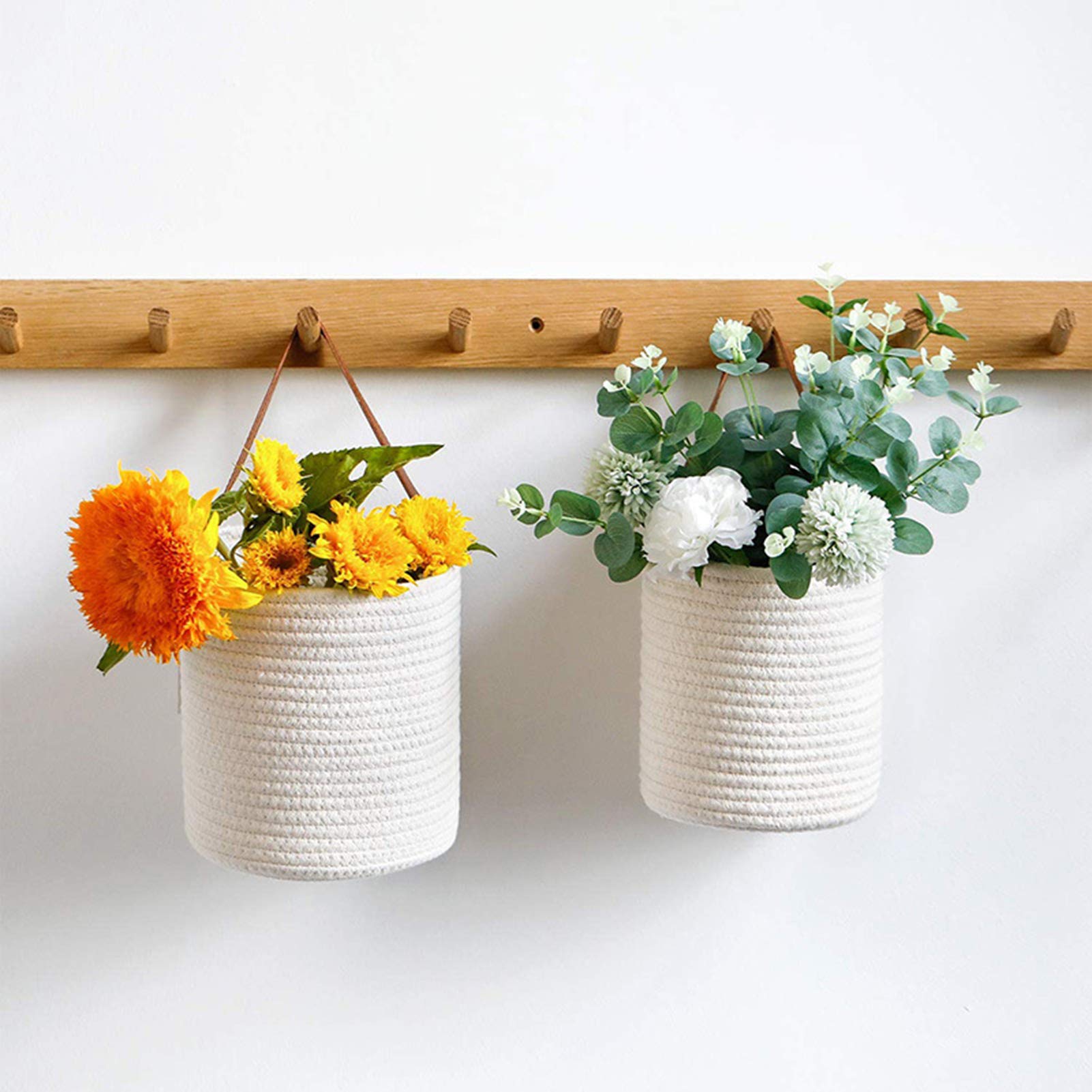 Cotton Rope Basket with Handle for Baby Laundry Basket Toy Storage Blanket Storage Hanging Basket Round Multi-Purpose Woven Wall Rope Basket for Home White S