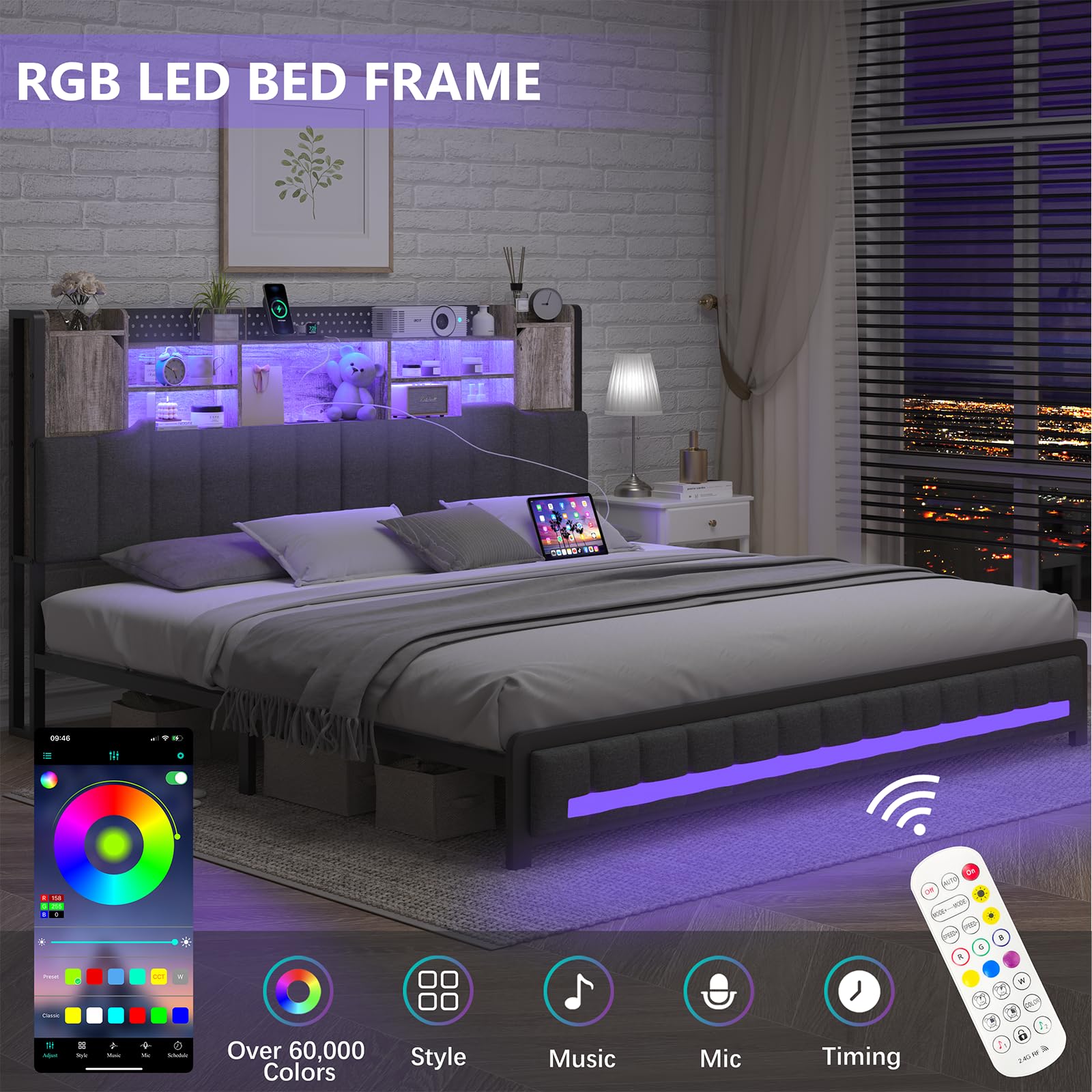 Dnxao King Size Bed Frame and Bookcase Storage Headboard, LED Upholstered Bed Frame King with Charging Station, Light up King Size Platform Metal Bed Frame, No Box Spring Needed, Charcoal Gray