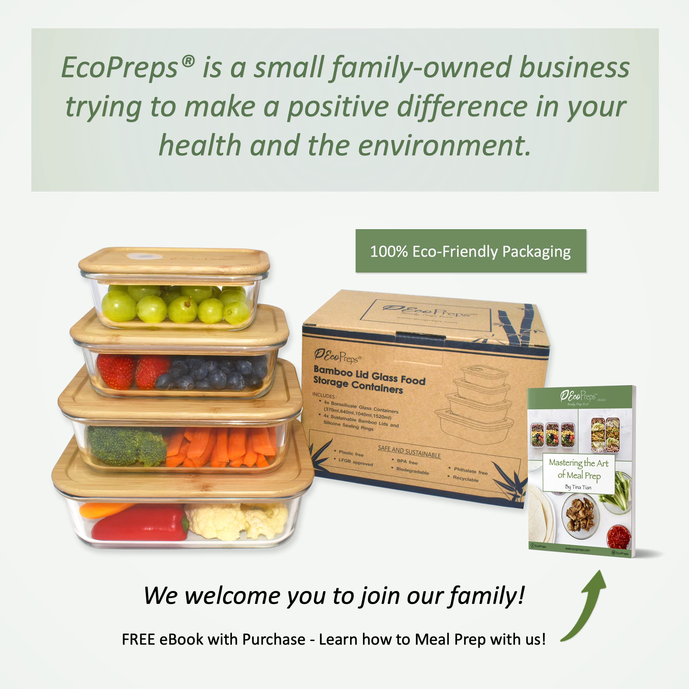 EcoPreps Glass Food Storage Containers with Bamboo Lids [4 Pack] 100% Plastic Free, Eco-Friendly, Oven, Microwave Safe Glass Meal Prep Containers, Glass Lunch Containers, Bamboo Lid Storage Containers