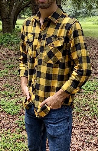 Disimlarl Fall Men's Flannel Plaid Long-Sleeved Casual Shirt Button Classic Checkered Double Pocket Shirts M512 USA 2XL Asian 8XL