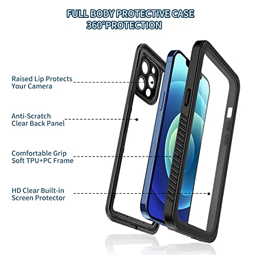 MixMart Waterproof Case for iPhone 12 Pro Built-in Screen Protector Full Boby Protection Anti-Scratch Shockproof Dustproof IP68 Waterproof Phone Case for iPhone 12 Pro 6.1inch Clear Black