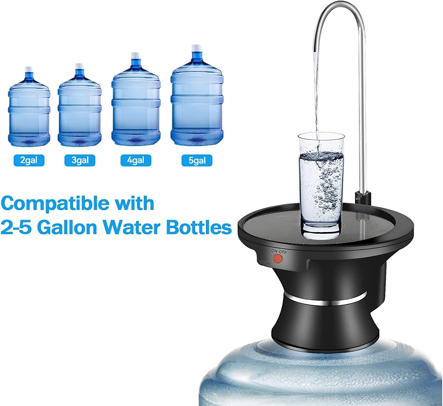 Drinking Water Dispenser Pump, Automatic Electric Drinking Water Bottle Pump for 1-5 Gallon Water Jugs, USB Rechargeable with 2 Switch Control, Stable and Portable for Home, Kitchen, Office, Camping