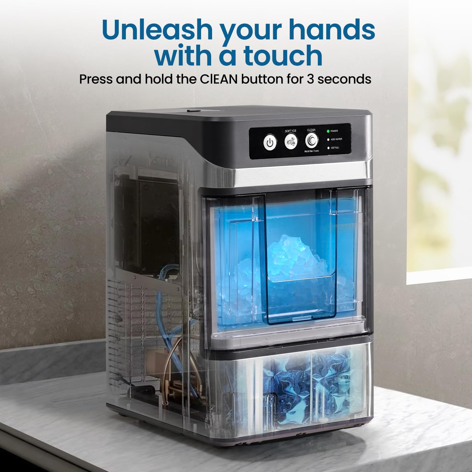 Nugget Ice Maker Coutertop,Chewable Soft Ice Maker Machine,Ready in 6 Mins,41Lbs per Day,Table Top Ice Cube Maker for Home, Self-Cleaning,Stainless Steel,Ideal for Parties, Kitchens, Bars, Offices