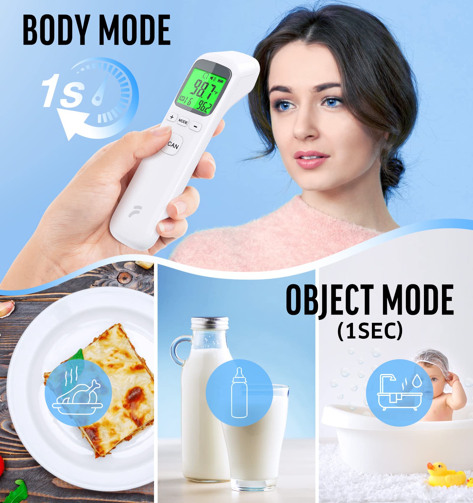 Thermometer for Adults and Kids, No-Touch Forehead Thermometer with Object Mode Function,Fever Alert and 32 Set Memory Recall,Instant Accurate Reading Digital Baby Thermometer for Fever