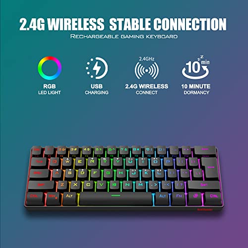 RedThunder 60% Wireless Gaming Keyboard, Rechargeable RGB Backlit Ultra Compact Mini Gaming Keyboard, Ergonomic Waterproof Mechanical Feeling Keyboard for PC, MAC, Laptop, PS4, PS5, Xbox ONE Gamer