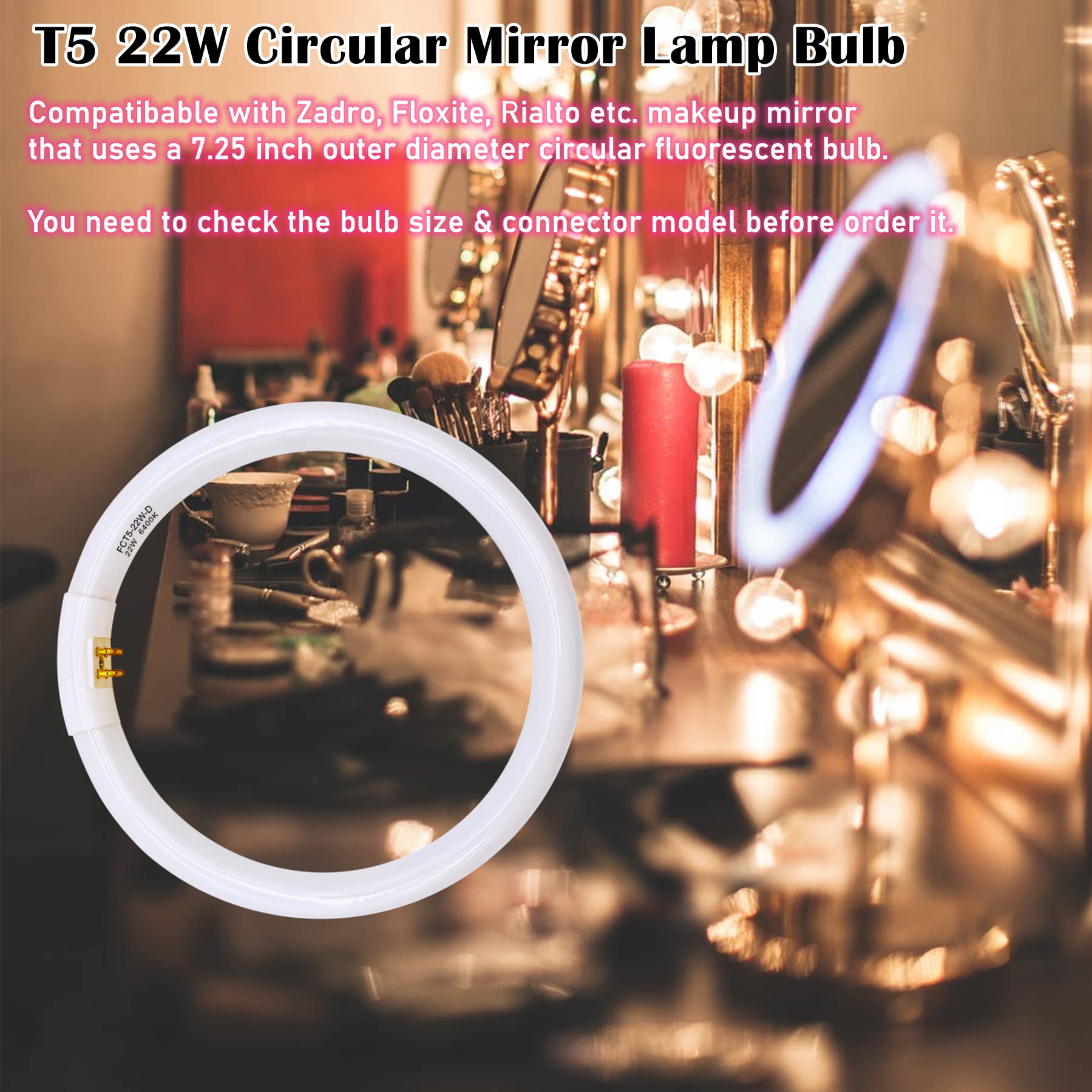 Fluorescent T5 22W Circular Mirror Light Bulb Circline Circular Fluorescent Light Bulb Replacement for Floxite/Zadro/Riato Mirror Bulb Round Bulb Cool Daylight 6500K Base G10q 4pin
