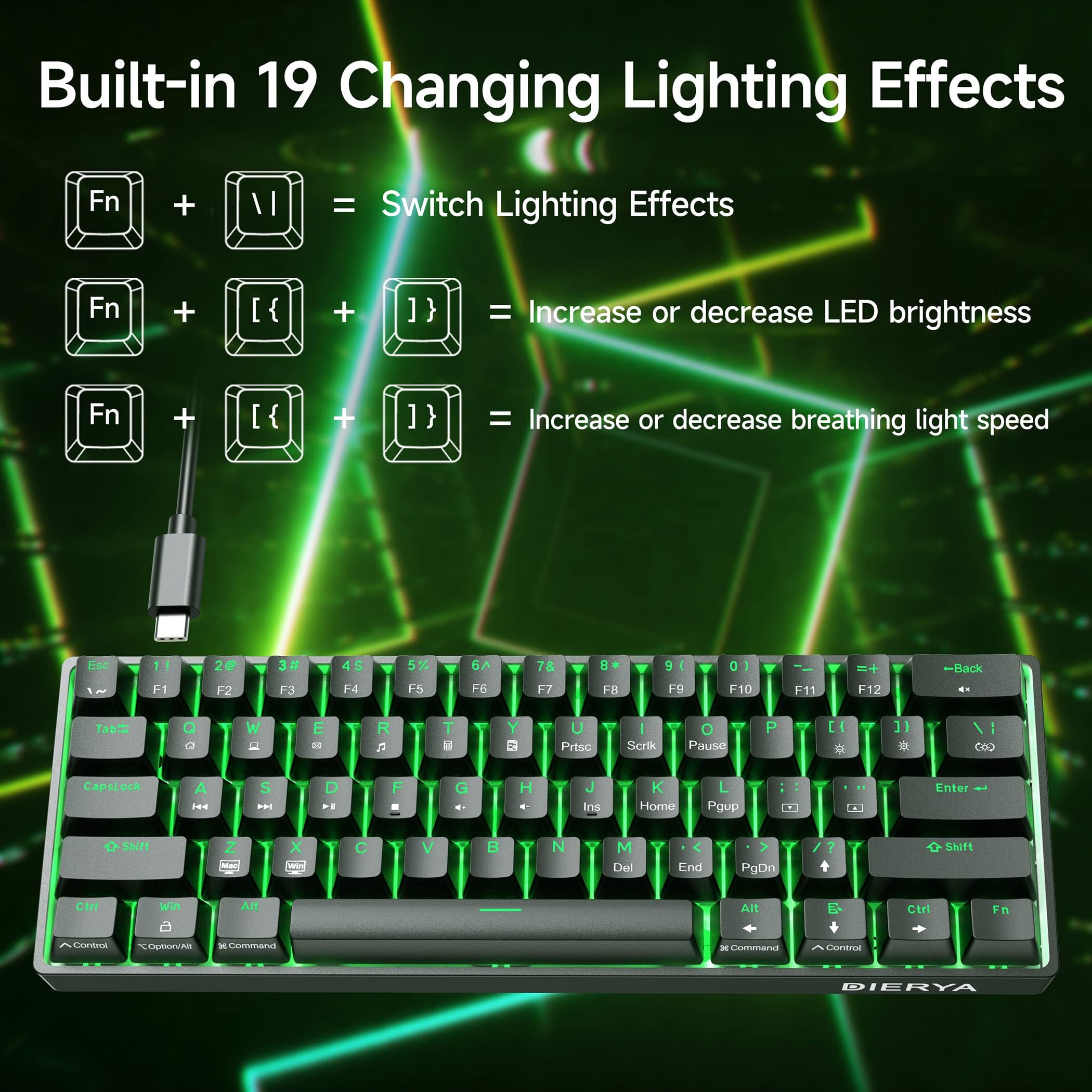 DIERYA DK61SE 60% Mechanical Gaming Keyboard, 61 Keys Anti-Ghosting, LED Backlight, Detachable USB-C, Ultra-Compact Mini Wired Keyboard with Quiet Red Linear Switch for Windows Laptop PC Gamer Typist