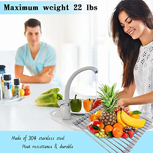 Zeanoch Dish Drying Rack Over The Sink Sink Drying Rack, Adjustable Length, Rolled Up ,Foldable,Saves Space, Fits Most Sinks, Stainless Steel Mat ,Also Great to Use with Kitchen Sink Mats (Black)