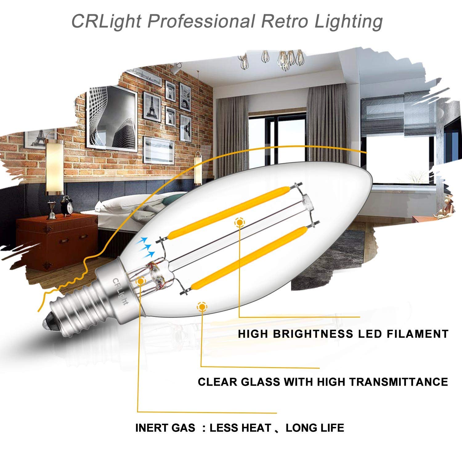 CRLight LED Candelabra Bulb 25W Equivalent 250LM, 3000K Soft White 2W LED Chandelier Light Bulbs, E12 Vintage Edison B11 Clear Glass Candle Bulbs, Non-dimmable Version, 10 Pack