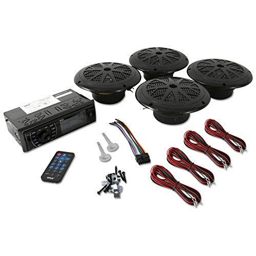 Pyle Marine Head Unit Receiver Speaker Kit - In-Dash LCD Digital Stereo Built-in Bluetooth & Microphone w/ AM FM Radio System 6.5ββ Waterproof Speakers (4) MP3/SD Readers & Remote Control -PLMRKT48BK