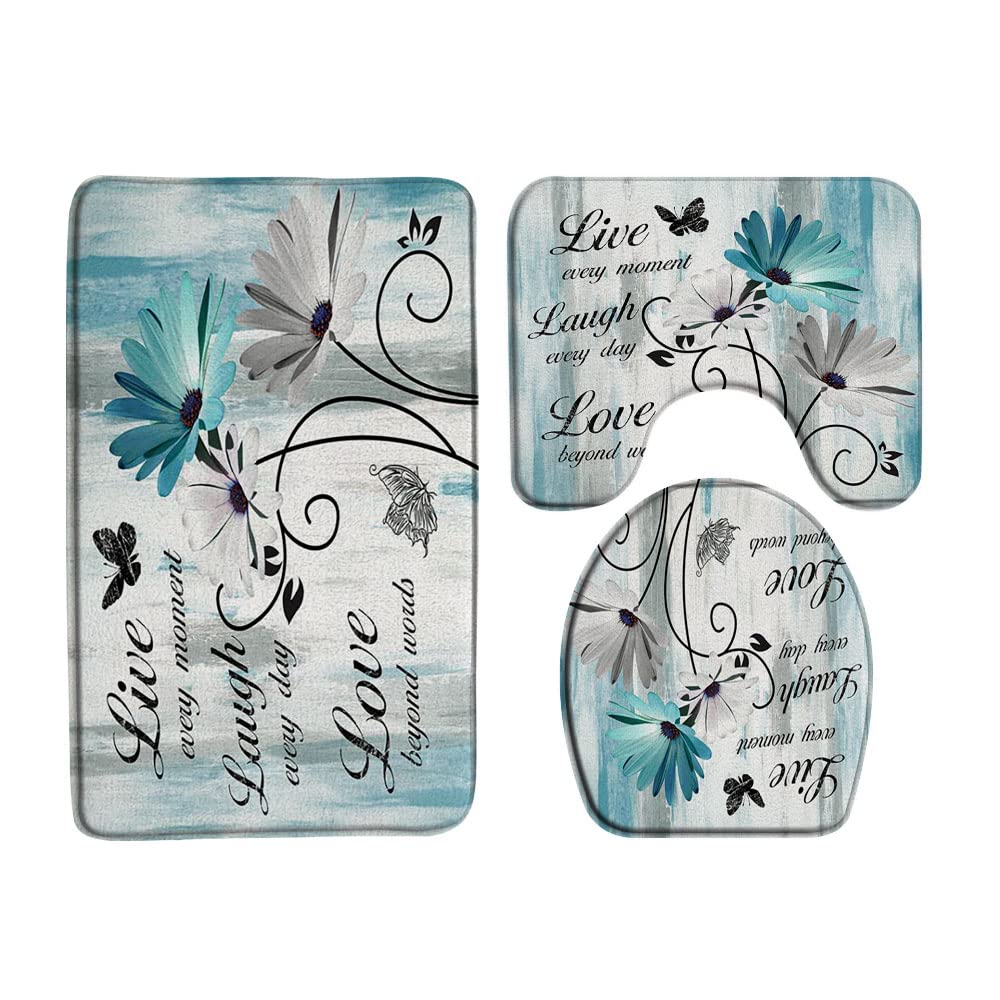 Farmhouse Floral 3 Piece Bath Rugs Set,Teal Daisy Inspirational Quotes Butterfly Rustic Wooden Turquoise Blue Bathroom Kitchen Rug with 16"x24" Bath Mat + U-Shaped Toilet Rug+ Toilet Seat Cover